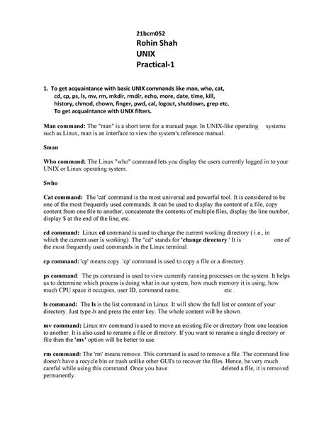 21bcm052 Linux Fundamentals Practical 1 21bcm Rohin Shah Unix Practical To Get Acquaintance