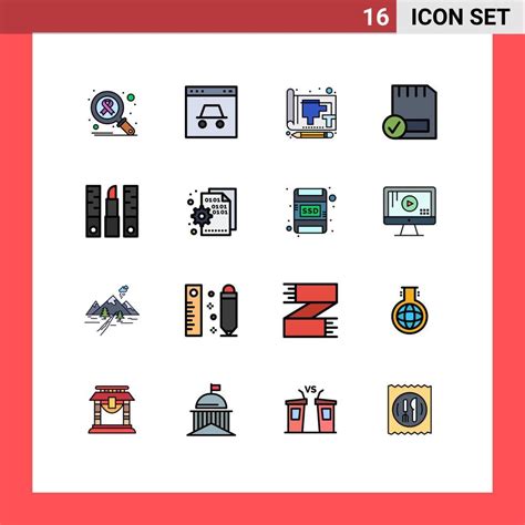 Universal Icon Symbols Group Of 16 Modern Flat Color Filled Lines Of