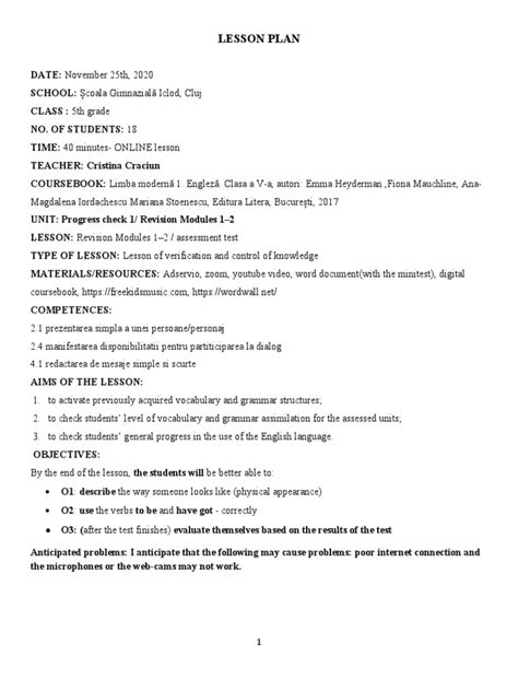 Clasa A V A Plan De Lectie Progress Check Units 1 2 Download Free Pdf Semiotics Behavior