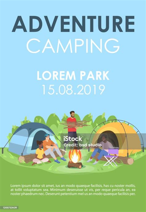 모험 캠핑 브로셔 템플릿입니다 관광 전단지 소책자 평면 일러스트와 전단지 개념 잡지의 벡터 페이지 레이아웃입니다 텍스트 공간이 있는 옥외 엔터테인먼트 광고 초대 A4 용지에
