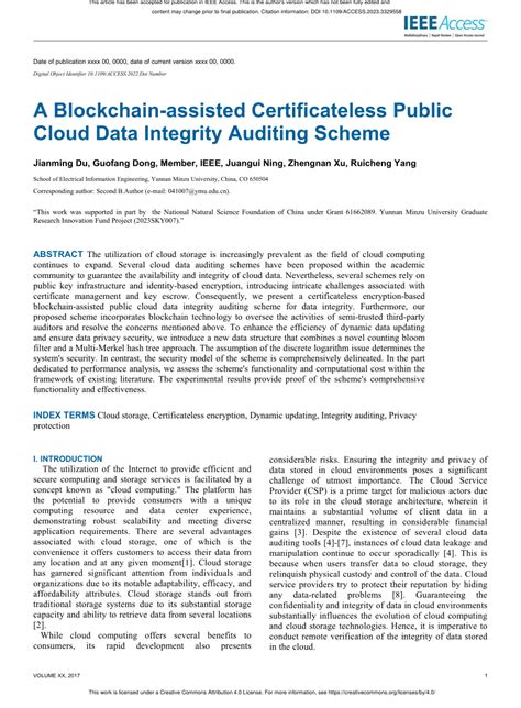 PDF A Blockchain Assisted Certificateless Public Cloud Data Integrity