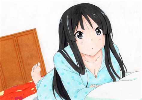 Safebooru 1girl Absurdres Akiyama Mio Barefoot Bed Black Eyes Black
