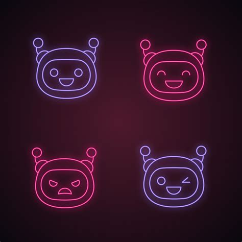 Robot Emojis Neon Light Icons Set Chatbot Emoticons Laughing Happy Angry Winky Chat Bot