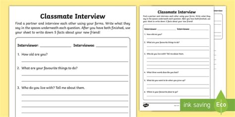 New Classmate Interview Worksheet Worksheet
