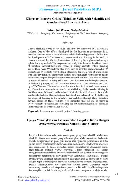 PDF Efforts To Improve Critical Thinking Skills With Scientific And Gender Based Liveworksheets