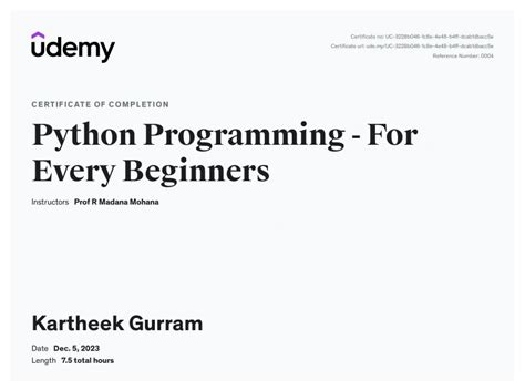 🐍 Just Earned My Python Certification On Udemy Kartheek Gurram