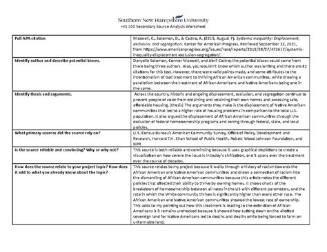 His 100 Secondary Source Analysis Worksheet Completed His 100 Secondary Source Analysis