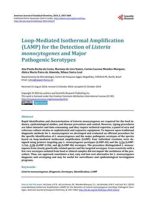 Pdf Loop Mediated Isothermal Amplification Lamp For The Detection Of Listeria Monocytogenes