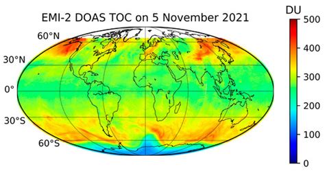 First Retrieval Of Total Ozone Columns From Emi 2 Using The Doas Method