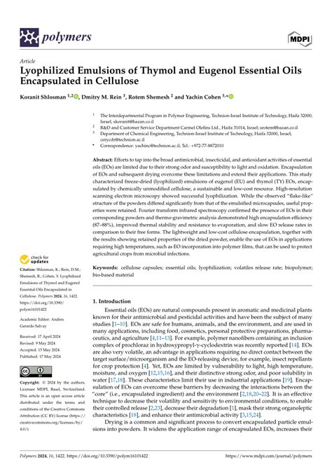 Pdf Lyophilized Emulsions Of Thymol And Eugenol Essential Oils Encapsulated In Cellulose