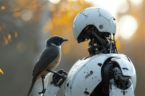 Premium Photo A Whimsical Scene Featuring A Robot Wearing A Helmet With A Bird Perched On Top