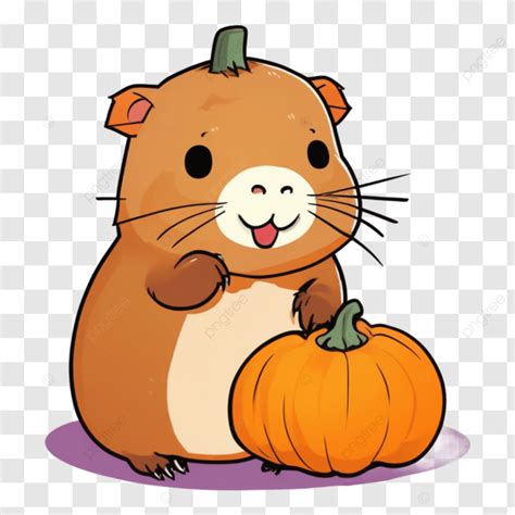 가을 테마 디자인과 장식에 딱 맞는 주황색 호박을 들고 있는 사랑스러운 만화 기니피그 만화 기니피그 가을을 테마로 한 호박 그림 Png 일러스트 및 이미지 에 대한