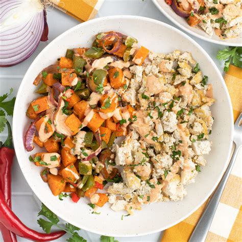 Mealime Sheet Pan Sweet Potato Hash With Peppers Scrambled Tofu And Aioli