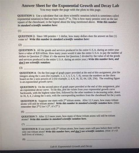 Solved Answer Sheet For The Exponential Growth And Decay Lab Chegg Com