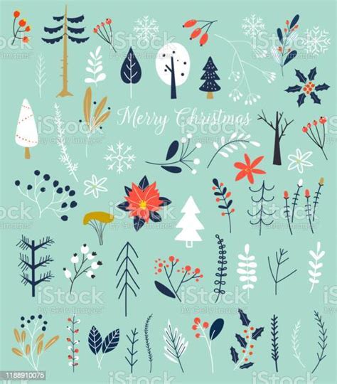 크리스마스와 새해 복 야 겨울 식물과 꽃입니다 손으로 그린 벡터 그림입니다 스크랩 북 스티커 플래너 초대장을위한 템플릿 12월에 대한 스톡 벡터 아트 및 기타 이미지