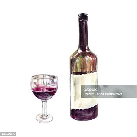 Bottle Of Red Wine Glass Goblet With Wine Watercolor Illustration