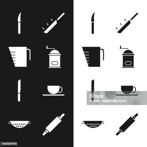 수동 커피 그라인더 계량 컵 칼 프라이팬 빵 칼 커피 롤링 핀 및 주방 소쿠리 아이콘을 설정합니다 벡터 검은색에 대한 스톡 벡터 아트 및 기타 이미지 Istock