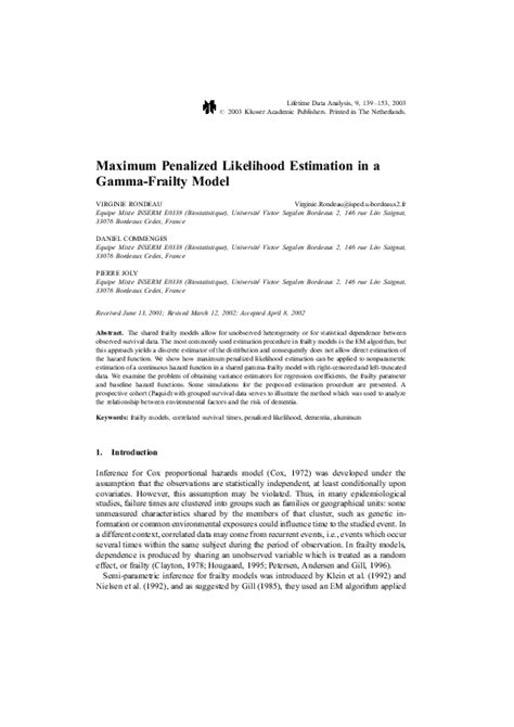 Pdf Maximum Penalized Likelihood Estimation In A Gamma Frailty Model
