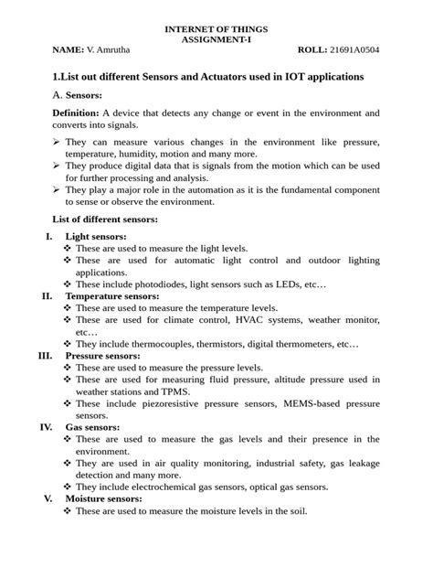 1 list out different sensors and actuators used in iot applications