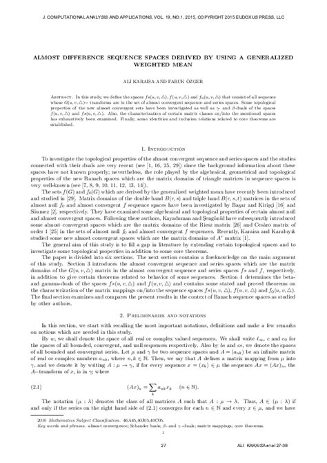 Pdf Almost Difference Sequence Spaces Derived By Using A Generalized Weighted Mean