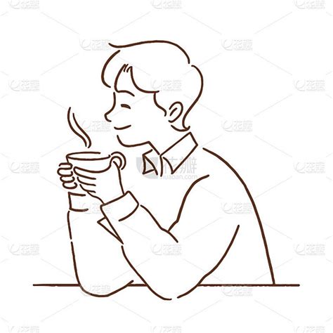 年轻人用一杯热咖啡手绘线条艺术风格矢量插画