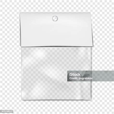 하얀 빈 종이 상단과 매달려있는 구멍 모형이있는 빈 사각형 투명 플라스틱 파우치 백 투명 나일론 패키지 벡터 모형 단일 객체에 대한 스톡 벡터 아트 및 기타 이미지 Istock