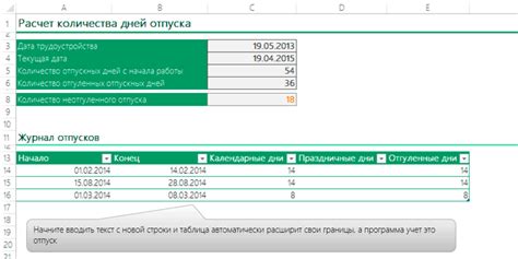 Расчет отпускных дней в Excel