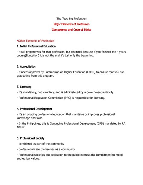 Competence And Code Of Ethics The Teaching Profession Major Elements Of Profession Competence