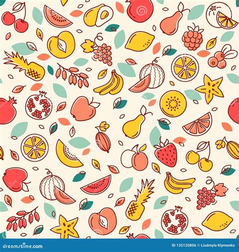 Seamless Pattern Of Various Vector Fruits Background With Color