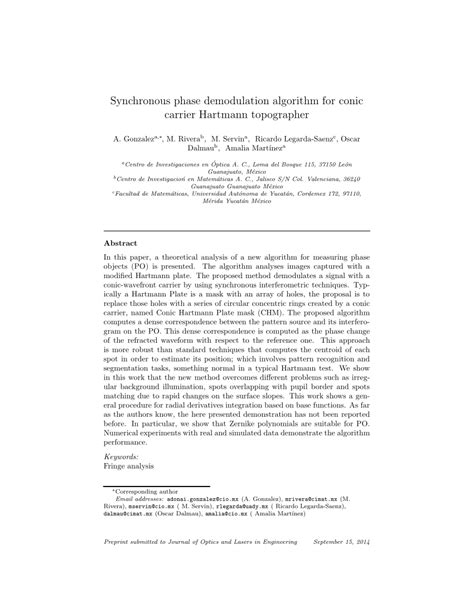Pdf Synchronous Phase Demodulation Algorithm For Conic Carrier Hartmann Topographer