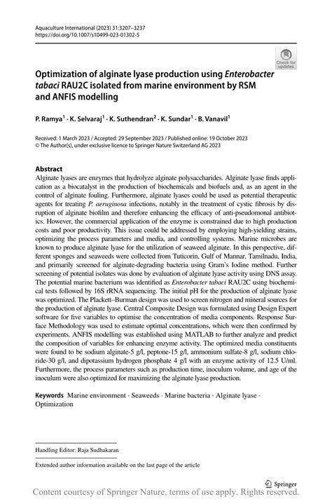 Optimization Of Alginate Lyase Production Using Enterobacter Tabaci Rau2c Isolated From Marine