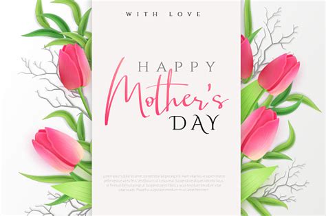 벡터 일러스트 레이 션의 어머니의 날 인사말 배너 템플릿 개화 튤립 꽃 유칼립투스 잎과 손 글자 따옴표행복 한 어머니의 날 0명에 대한 스톡 벡터 아트 및 기타 이미지