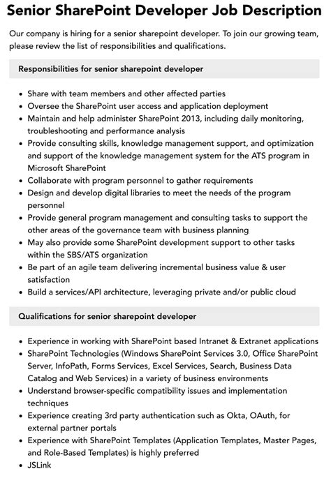 Senior Sharepoint Developer Job Description Velvet Jobs