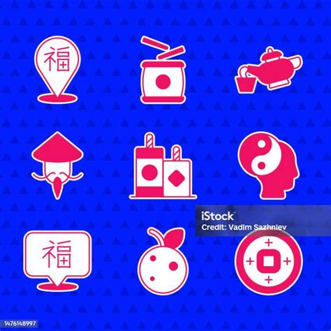 불꽃놀이 복숭아 과일 천도 복숭아 중국 위안 통화 음양 기호 새해 아시아 원뿔형 밀짚모자 다도 및 아이콘을 설정합니다 벡터 0명에 대한 스톡 벡터 아트 및 기타 이미지