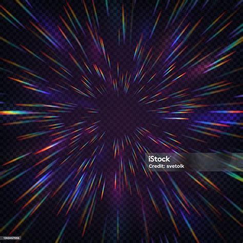 어두운 투명 한 배경에 고립 된 무지개 후광선 홀로그램 렌즈 플레어 반사 프리즘 방사형 굴절 선빔의 벡터 사실적인 그림 프리즘에 대한 스톡 벡터 아트 및 기타 이미지