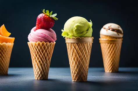 Premium Ai Image Four Ice Cream Cones With A Straw Hat On Top Of Them