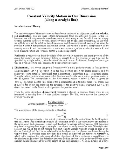 Lab Manual Constant Velocity Motion In One Dimension Constant Velocity Motion In One Dimension