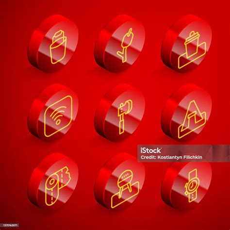 세트 라인 양동이 스틱에 마시멜로 휴지통 캔 Wifi 무선 인터넷 나무 도끼 관광 텐트 종이 타월 롤과 바베큐 그릴 아이콘 벡터 3차원 형태에 대한 스톡 벡터 아트 및 기타