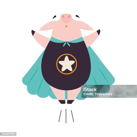 초강력 벡터 일러스트레이션을 갖는 망토의 핑크 돼지 슈퍼 히어로 캐릭터 구조에 대한 스톡 벡터 아트 및 기타 이미지 구조