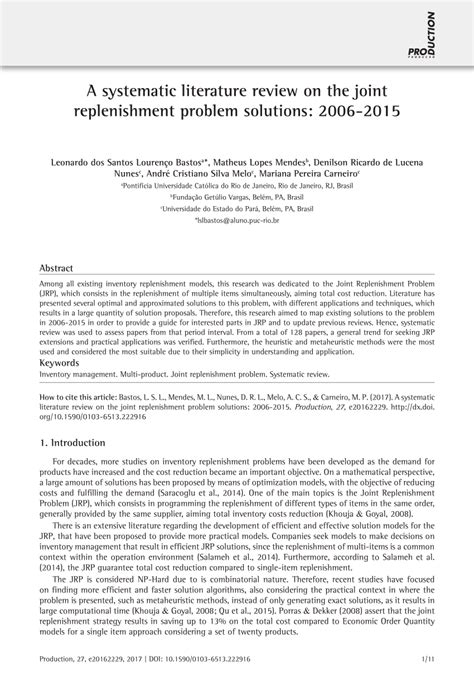 Pdf A Systematic Literature Review On The Joint Replenishment Problem