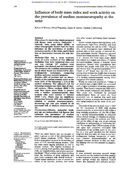 Influence Of Body Mass Index And Work Activity On The Prevalence Of Median Mononeuropathy At The