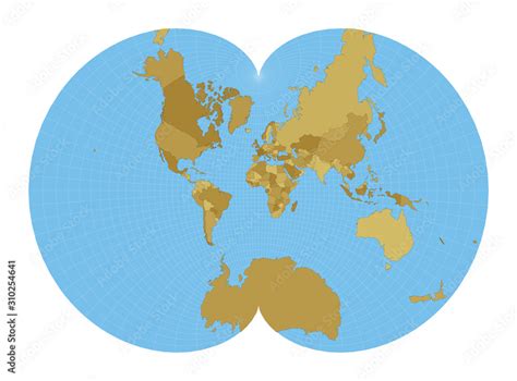 World Map Augusts Epicycloidal Conformal Projection Map Of The World With Meridians On Blue