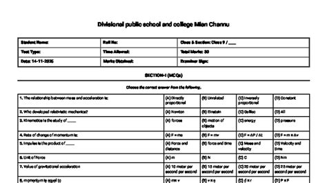 Physics Alp Class 9 Mcqs And Short Questions Test Paper Studocu