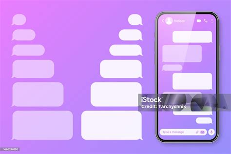 화려한 보라색 배경에 메시징 앱이 있는 현실적인 스마트폰 빈 Sms 텍스트 프레임입니다 투명한 메시지 거품이 있는 채팅 화면