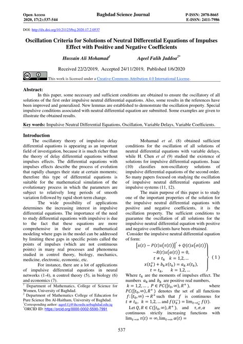 Pdf Baghdad Science Journal Oscillation Criteria For Solutions Of Neutral Differential