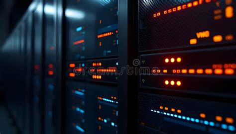 Modern Data Center Servers Showcasing Many Illuminated Indicator Lights Stock Illustration