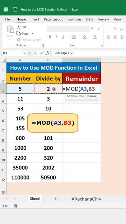 use mod function to find remainder number in excel short excel