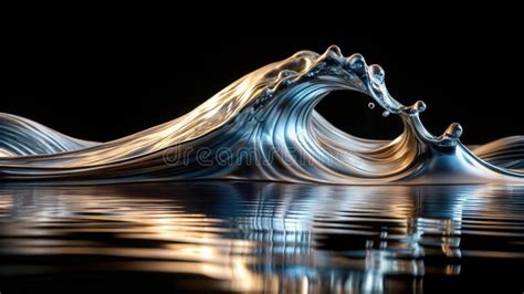Abstract Liquid Metal Wave Crest Reflecting On Dark Water Generative Ai Stock Illustration