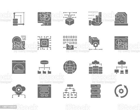 Set Of Data Analysis Grey Icons Hosting Program Algorithm Database And