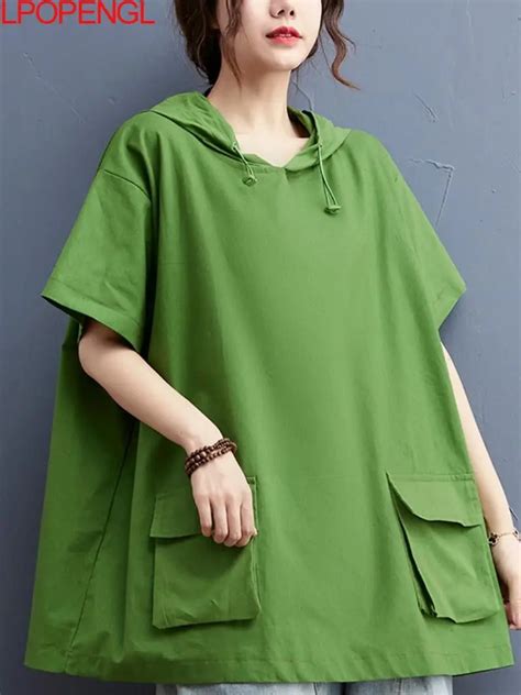 여성용 후드 스웻셔츠 코튼 풀오버 레이디 상의 셔츠 루즈 캐주얼 포켓 오버사이즈 올매치 반팔 의류 여름 Aliexpress
